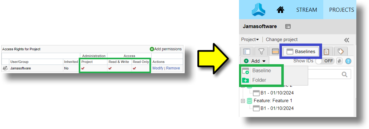 Baselines Permissions Jama Software Support